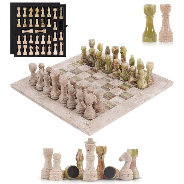 Travertine and Green Onyx Marble Chess Set | 15-Inch Board + Storage ...